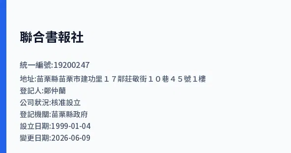 聯合書報社的照片-統編 19200247(苗栗縣) 公司登記資料與營業項目詳細圖表
