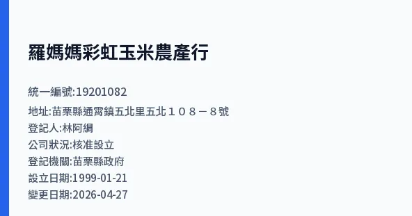 羅媽媽彩虹玉米農產行的照片-統編 19201082(苗栗縣) 公司登記資料與營業項目詳細圖表