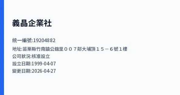 義晶企業社的照片-統編 19204882(苗栗縣) 公司登記資料與營業項目詳細圖表