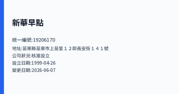 新華早點的照片-統編 19206170(苗栗縣) 公司登記資料與營業項目詳細圖表