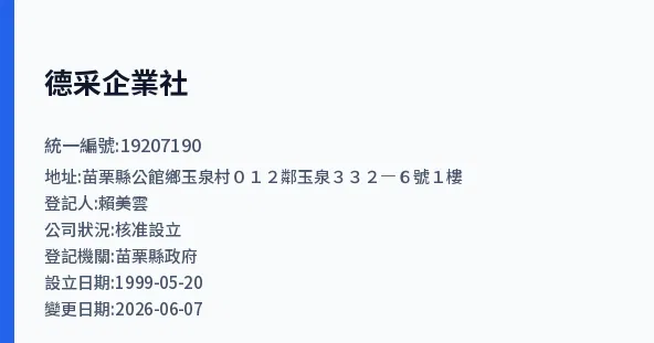 德采企業社的照片-統編 19207190(苗栗縣) 公司登記資料與營業項目詳細圖表