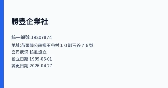 勝豐企業社的照片-統編 19207874(苗栗縣) 公司登記資料與營業項目詳細圖表