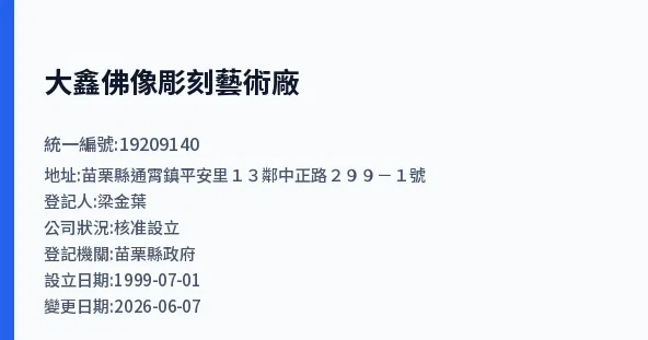 大鑫佛像彫刻藝術廠的照片-統編 19209140(苗栗縣) 公司登記資料與營業項目詳細圖表