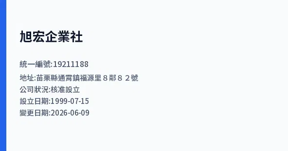 旭宏企業社的照片-統編 19211188(苗栗縣) 公司登記資料與營業項目詳細圖表