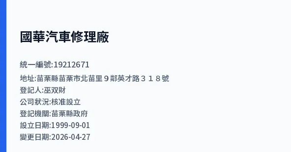 國華汽車修理廠的照片-統編 19212671(苗栗縣) 公司登記資料與營業項目詳細圖表