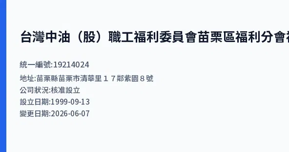 台灣中油(股)職工福利委員會苗栗區福利分會福利社的照片-統編 19214024(苗栗縣) 公司登記資料與營業項目詳細圖表