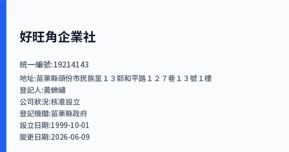 好旺角企業社的照片-統編 19214143(苗栗縣) 公司登記資料與營業項目詳細圖表