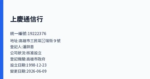 上慶通信行的照片-統編 19222376(高雄市) 公司登記資料與營業項目詳細圖表