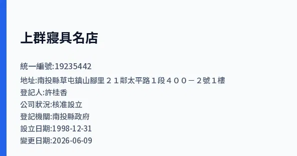上群寢具名店的照片-統編 19235442(南投縣) 公司登記資料與營業項目詳細圖表
