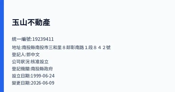 玉山不動產的照片-統編 19239411(南投縣) 公司登記資料與營業項目詳細圖表