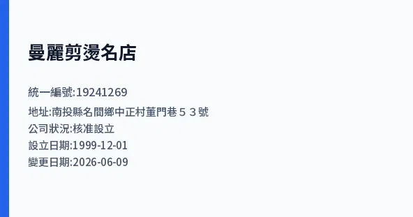 曼麗剪燙名店的照片-統編 19241269(南投縣) 公司登記資料與營業項目詳細圖表
