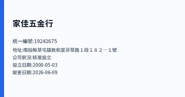 家佳五金行的照片-統編 19242675(南投縣) 公司登記資料與營業項目詳細圖表