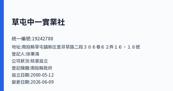 草屯中一實業社的照片-統編 19242788(南投縣) 公司登記資料與營業項目詳細圖表