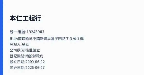 本仁工程行的照片-統編 19243983(南投縣) 公司登記資料與營業項目詳細圖表
