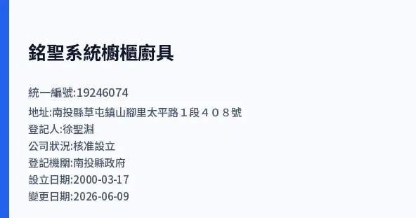 銘聖系統櫥櫃廚具的照片-統編 19246074(南投縣) 公司登記資料與營業項目詳細圖表
