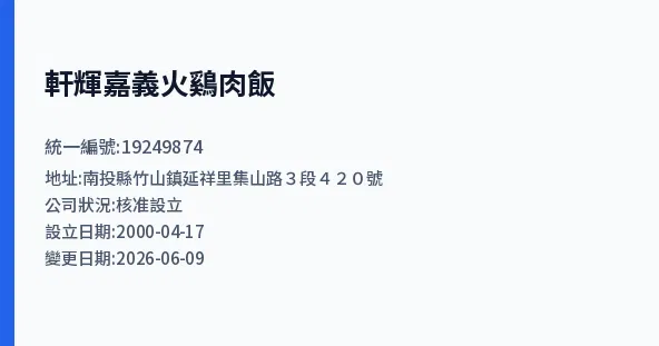 軒輝嘉義火鷄肉飯的照片-統編 19249874(南投縣) 公司登記資料與營業項目詳細圖表
