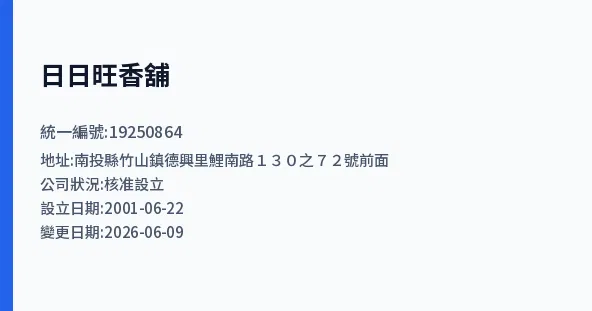 日日旺香舖的照片-統編 19250864(南投縣) 公司登記資料與營業項目詳細圖表