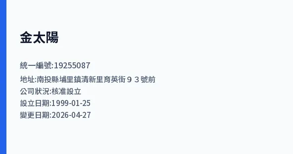 金太陽的照片-統編 19255087(南投縣) 公司登記資料與營業項目詳細圖表