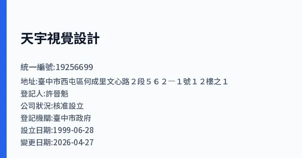 天宇視覺設計的照片-統編 19256699(臺中市) 公司登記資料與營業項目詳細圖表