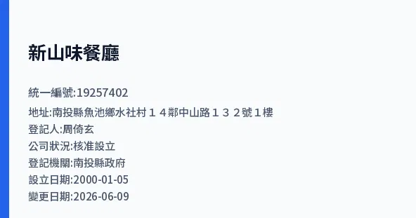 新山味餐廳的照片-統編 19257402(南投縣) 公司登記資料與營業項目詳細圖表
