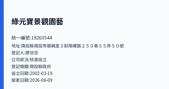 綠元寶景觀園藝的照片-統編 19263544(南投縣) 公司登記資料與營業項目詳細圖表