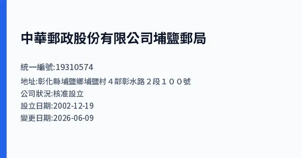 中華郵政股份有限公司埔鹽郵局的照片-統編 19310574(彰化縣) 公司登記資料與營業項目詳細圖表