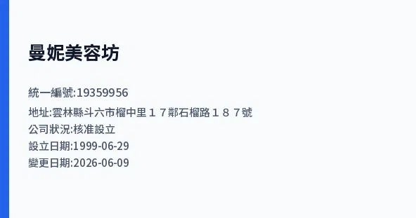 曼妮美容坊的照片-統編 19359956(雲林縣) 公司登記資料與營業項目詳細圖表