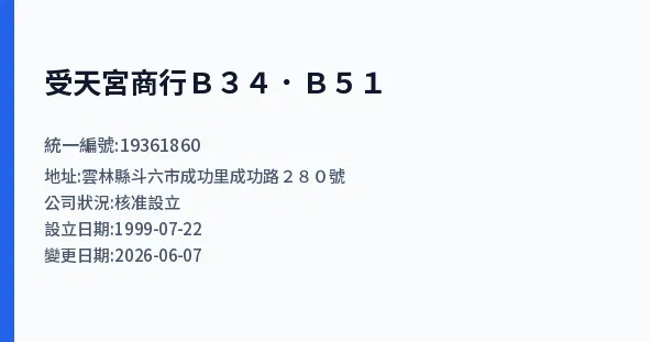 受天宮商行B34.B51的照片-統編 19361860(雲林縣) 公司登記資料與營業項目詳細圖表