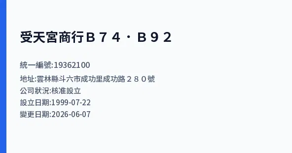 受天宮商行B74.B92的照片-統編 19362100(雲林縣) 公司登記資料與營業項目詳細圖表