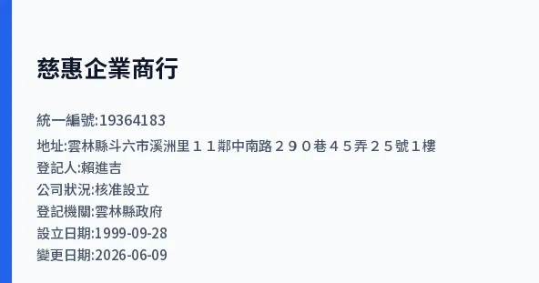 慈惠企業商行的照片-統編 19364183(雲林縣) 公司登記資料與營業項目詳細圖表