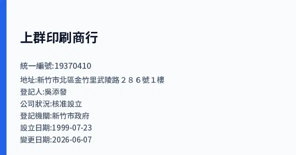 上群印刷商行的照片-統編 19370410(新竹市) 公司登記資料與營業項目詳細圖表