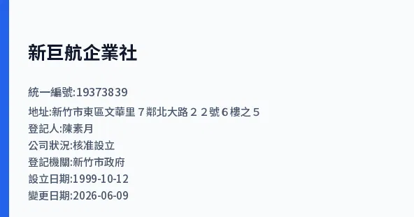 新巨航企業社的照片-統編 19373839(新竹市) 公司登記資料與營業項目詳細圖表
