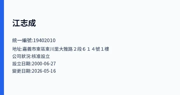 江志成的照片-統編 19402010(嘉義市) 公司登記資料與營業項目詳細圖表