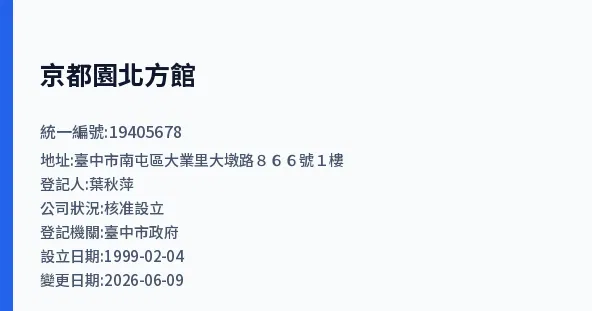 京都園北方館的照片-統編 19405678(臺中市) 公司登記資料與營業項目詳細圖表