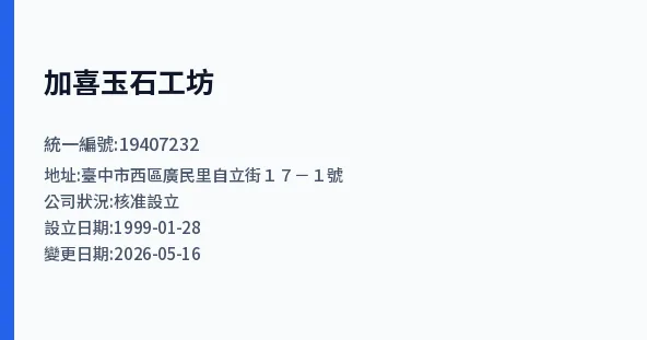 加喜玉石工坊的照片-統編 19407232(臺中市) 公司登記資料與營業項目詳細圖表