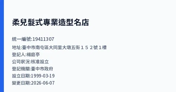 柔兒髮式專業造型名店的照片-統編 19411307(臺中市) 公司登記資料與營業項目詳細圖表