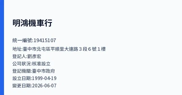 明鴻機車行的照片-統編 19415107(臺中市) 公司登記資料與營業項目詳細圖表