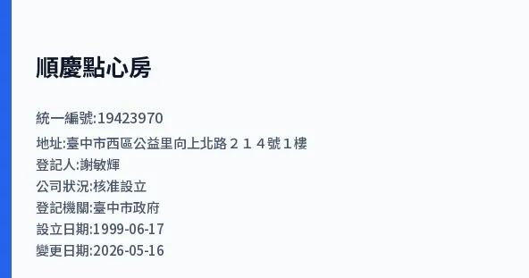 順慶點心房的照片-統編 19423970(臺中市) 公司登記資料與營業項目詳細圖表