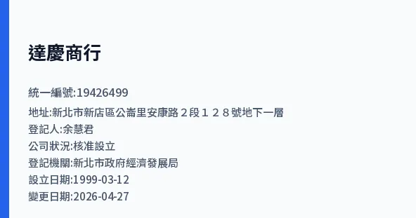 達慶商行的照片-統編 19426499(新北市) 公司登記資料與營業項目詳細圖表
