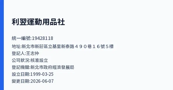 利翌運動用品社的照片-統編 19428118(新北市) 公司登記資料與營業項目詳細圖表
