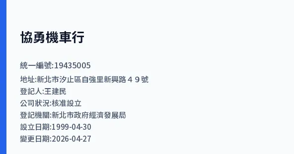 協勇機車行的照片-統編 19435005(新北市) 公司登記資料與營業項目詳細圖表