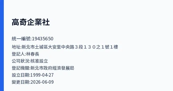 高奇企業社的照片-統編 19435650(新北市) 公司登記資料與營業項目詳細圖表