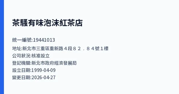 茶騷有味泡沫紅茶店的照片-統編 19441013(新北市) 公司登記資料與營業項目詳細圖表