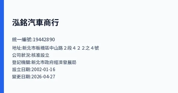 泓銘汽車商行的照片-統編 19442890(新北市) 公司登記資料與營業項目詳細圖表