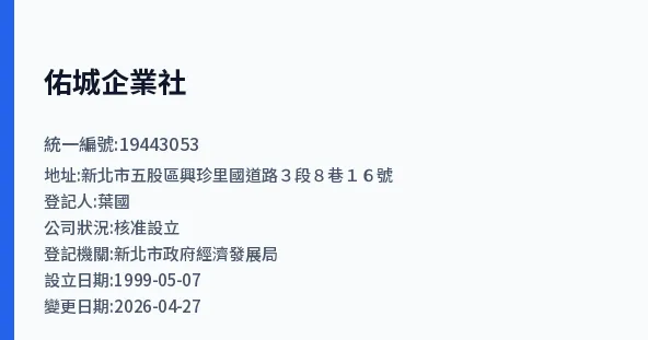 佑城企業社的照片-統編 19443053(新北市) 公司登記資料與營業項目詳細圖表