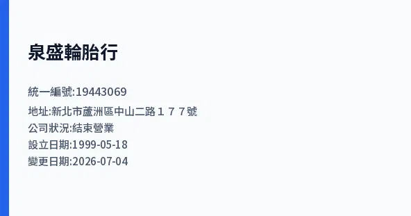 泉盛輪胎行的照片-統編 19443069(新北市) 公司登記資料與營業項目詳細圖表