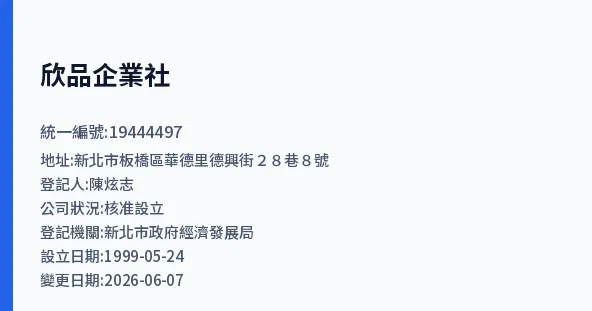 欣品企業社的照片-統編 19444497(新北市) 公司登記資料與營業項目詳細圖表