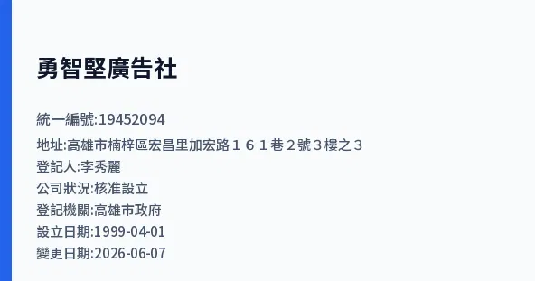 勇智堅廣告社的照片-統編 19452094(高雄市) 公司登記資料與營業項目詳細圖表