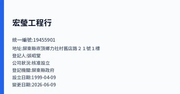宏瑩工程行的照片-統編 19455901(屏東縣) 公司登記資料與營業項目詳細圖表