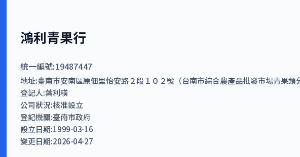 鴻利青果行的照片-統編 19487447(臺南市) 公司登記資料與營業項目詳細圖表